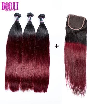 China O cabelo natural 3 de Borgonha do Virgin empacota com fechamento do laço 4*4, pacotes do cabelo reto com fechamento à venda
