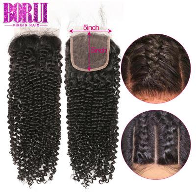 Cina capelli umani ricci profondi brasiliani di 4*4 5*5 6*6, chiusura del pizzo con i capelli del bambino in vendita