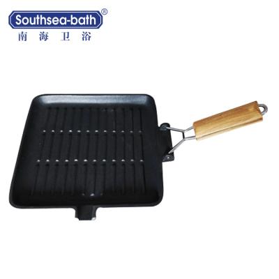 China Professional Black Pre-seasoned Cast Iron Grill Pan with Wooden handle For Home Cooking for sale