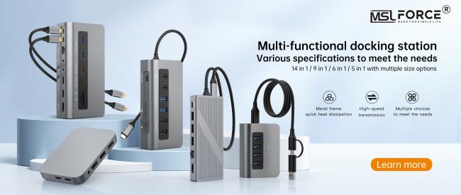 MSLFORCE Triangle USB 3.2 Gen 1 Desktop Hub showing aluminum construction and four USB ports