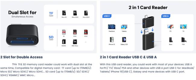 MSLFORCE USB 3.0 Type A Type C Card Reader with dual SD and microSD slots