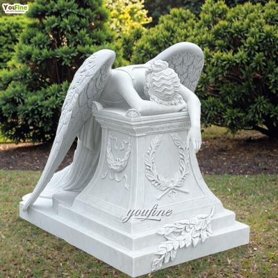 China Outdoor Memorial Tombstone Life Size White Marble Weeping Angel Monument for sale