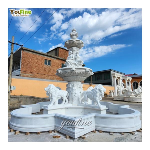 Quality Customize White Stone Garden Sculpture Carving Lion Statue Outdoor Marble Water Fountains for sale
