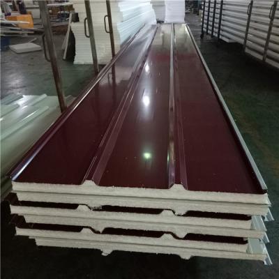 China 14kg 1050 type eps sandwich roof panel with 0.4mm wine red steel sheet up and grey white down for sale