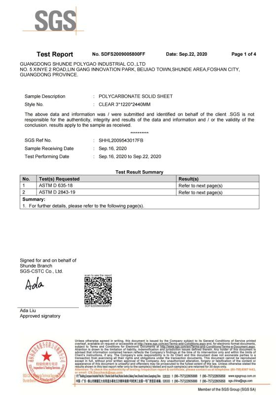 ASTM D635-18,ASTM D2843-19 - Guangdong Shunde Polygao Plastic Industrial Co., Ltd.