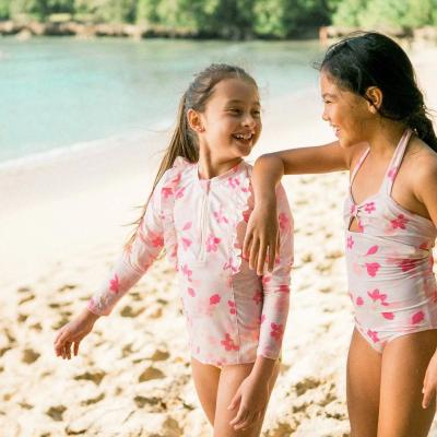 China Wholesale OEM Custom Long Sleeve Pink Plumerias Children Swimwear for sale