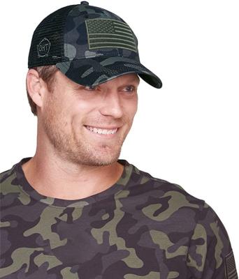 China Custom Logo Woodland Mesh American Flag Trucker Hat (Olive CAMO/Black) for sale