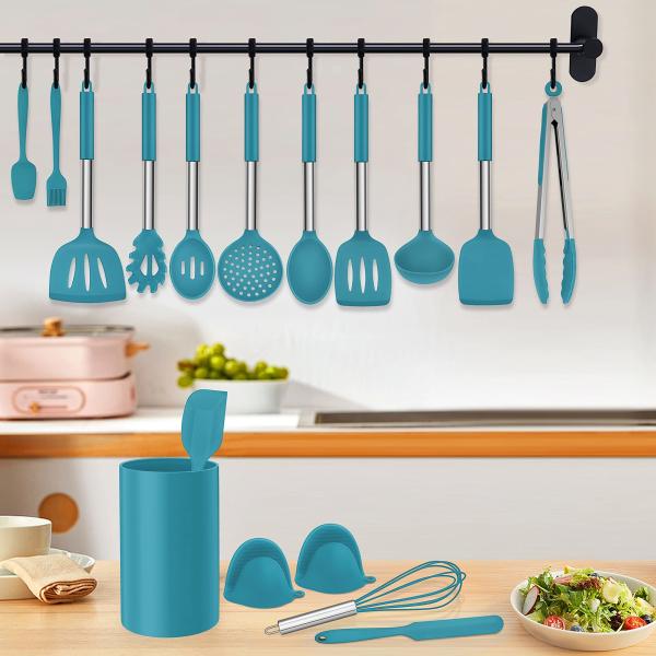 14 Pieces Kitchen Cooking Silicone Utensils Set with Stainless Steel Handle Kitchen Tools Set for Nonstick Cookware
