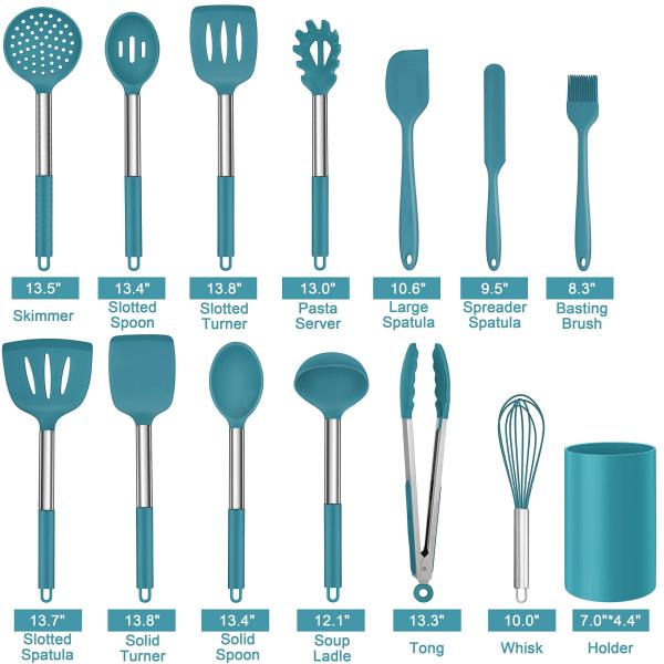 14 Pieces Kitchen Cooking Silicone Utensils Set with Stainless Steel Handle Kitchen Tools Set for Nonstick Cookware