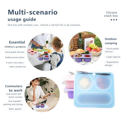 Cina Contenitore per snack diviso in silicone blu con coperchi, senza BPA, a prova di perdite, ecologico, adatto al microonde e alla lavastoviglie, per bambini e adulti, OEM in vendita