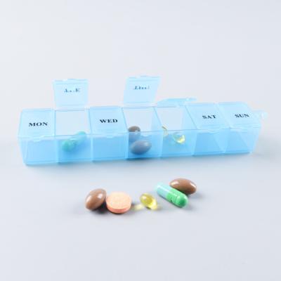 China Portable Long Plastic 7 Grid Weekly Pill Box Organizer With Clear Lid for sale