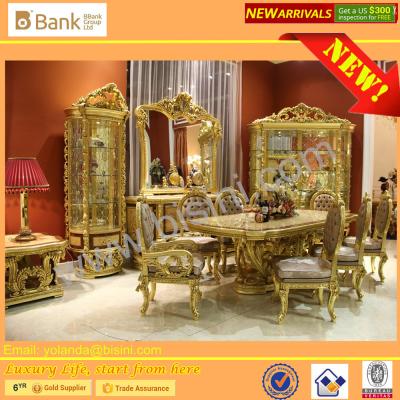 China (BK0109-0010)Luxury Italian Palace Wooden Hand Carved Mother of pearl inlays with gold leafs Long Dining Table and Chair for sale