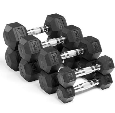 China Home Gym Equipment 2.5-100kg Hexagonal Black Rubber Dumbbell Set Solid Pound Cast Iron for sale