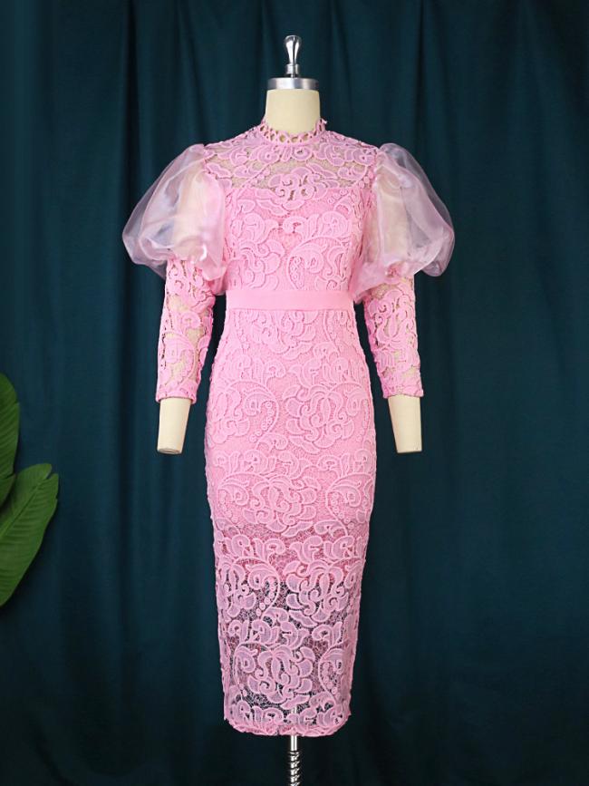 Lantern Sleeves High Waist Split Party Dress Night Bandaged Evening Dresse