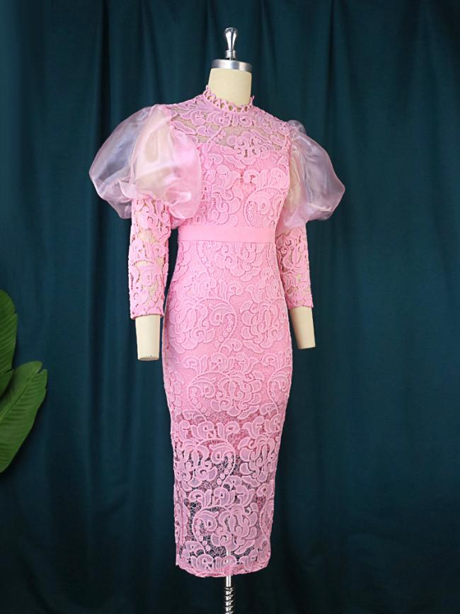 Lantern Sleeves High Waist Split Party Dress Night Bandaged Evening Dresse