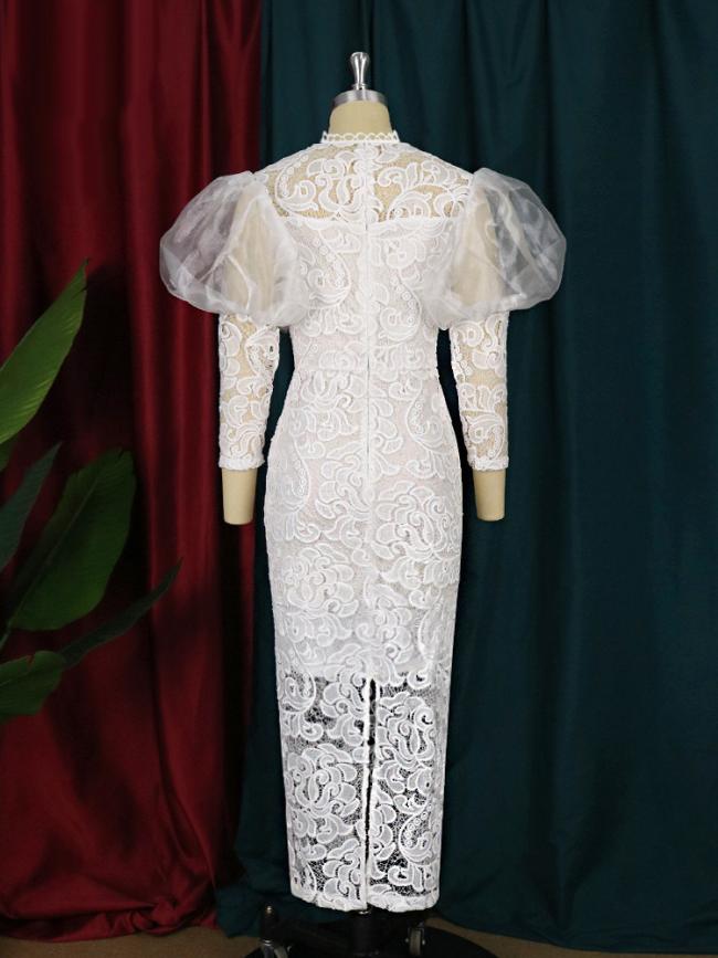 Lantern Sleeves High Waist Split Party Dress Night Bandaged Evening Dresse
