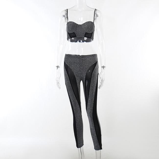 Mesh Patchwork Halter Top High Waist Top Pants Two Piece Set