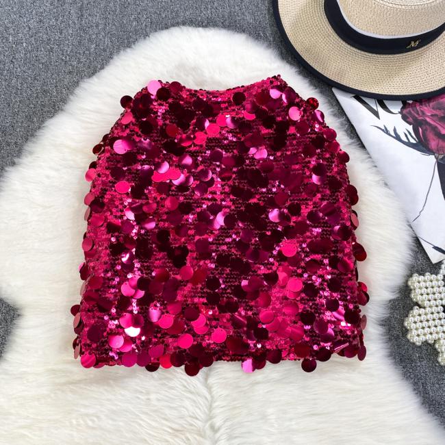 Women&prime;s Sequin A-Line Minidress Bag Hip One-Step Skirt Half Skirt