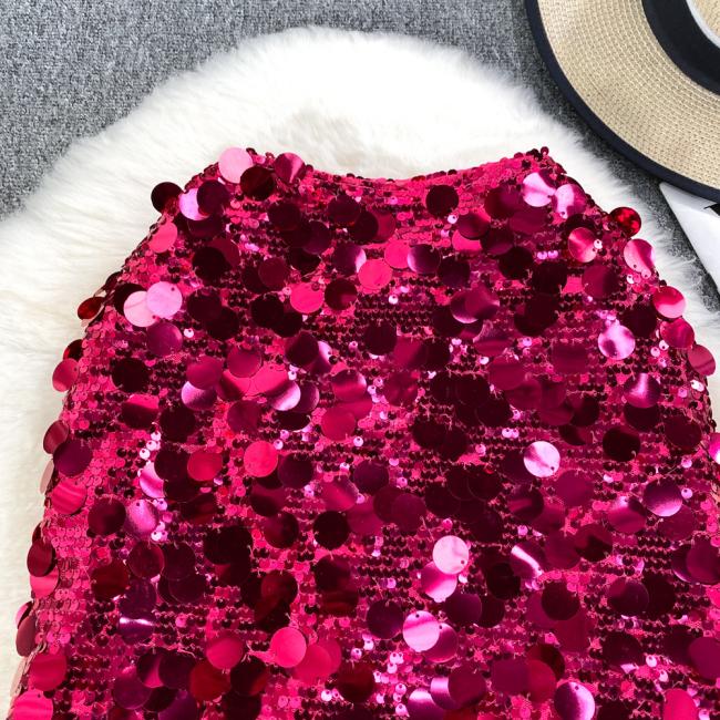 Women&prime;s Sequin A-Line Minidress Bag Hip One-Step Skirt Half Skirt