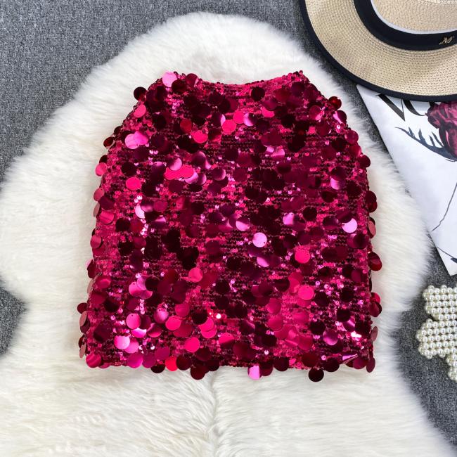 Women&prime;s Sequin A-Line Minidress Bag Hip One-Step Skirt Half Skirt