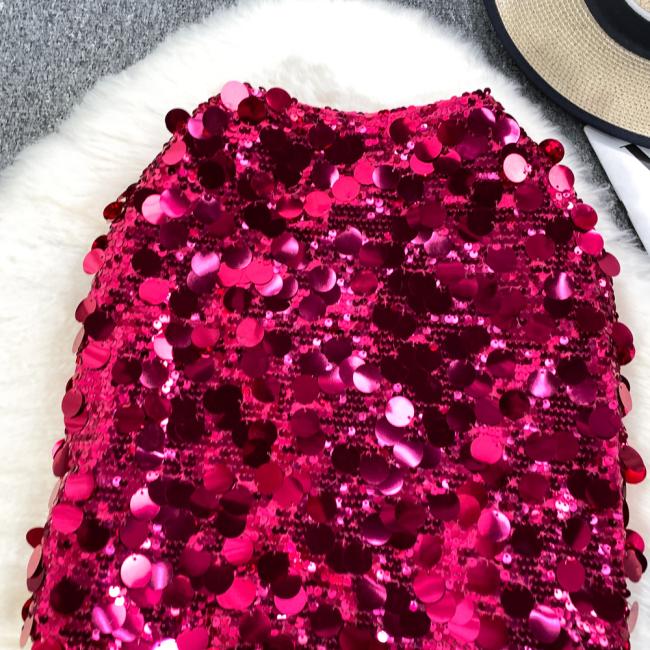 Women&prime;s Sequin A-Line Minidress Bag Hip One-Step Skirt Half Skirt