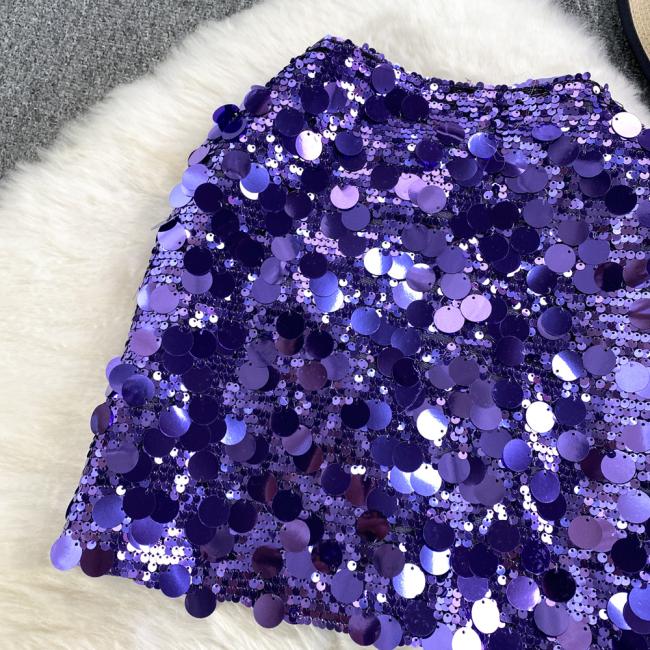 Women&prime;s Sequin A-Line Minidress Bag Hip One-Step Skirt Half Skirt