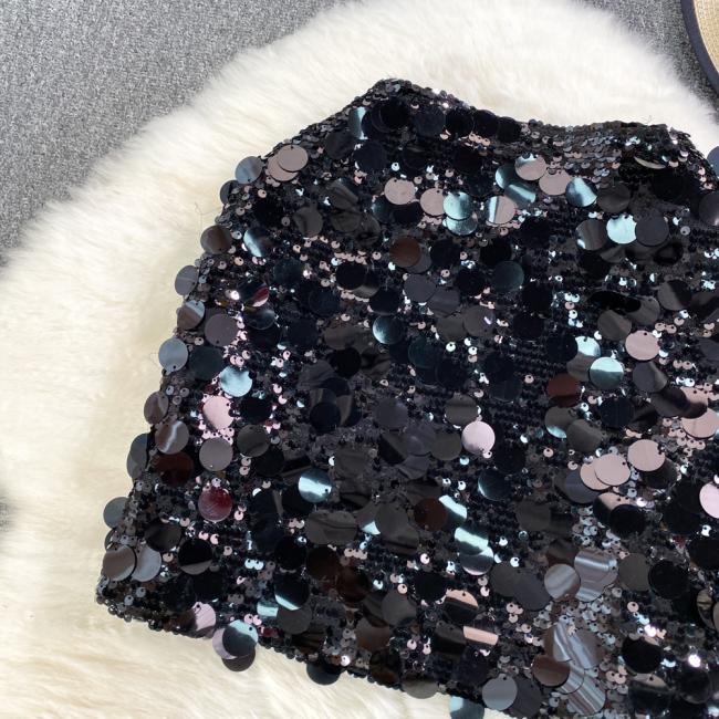 Women&prime;s Sequin A-Line Minidress Bag Hip One-Step Skirt Half Skirt
