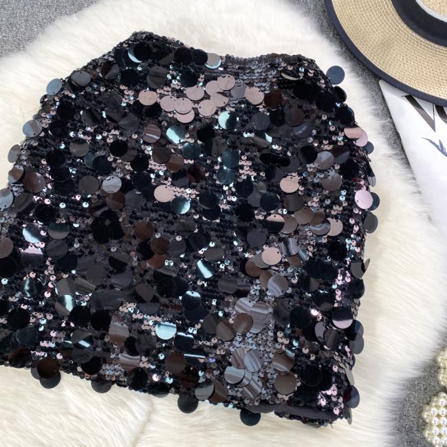 Women&prime;s Sequin A-Line Minidress Bag Hip One-Step Skirt Half Skirt
