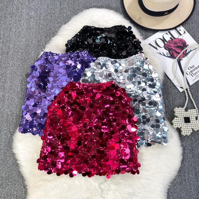 Women&prime;s Sequin A-Line Minidress Bag Hip One-Step Skirt Half Skirt