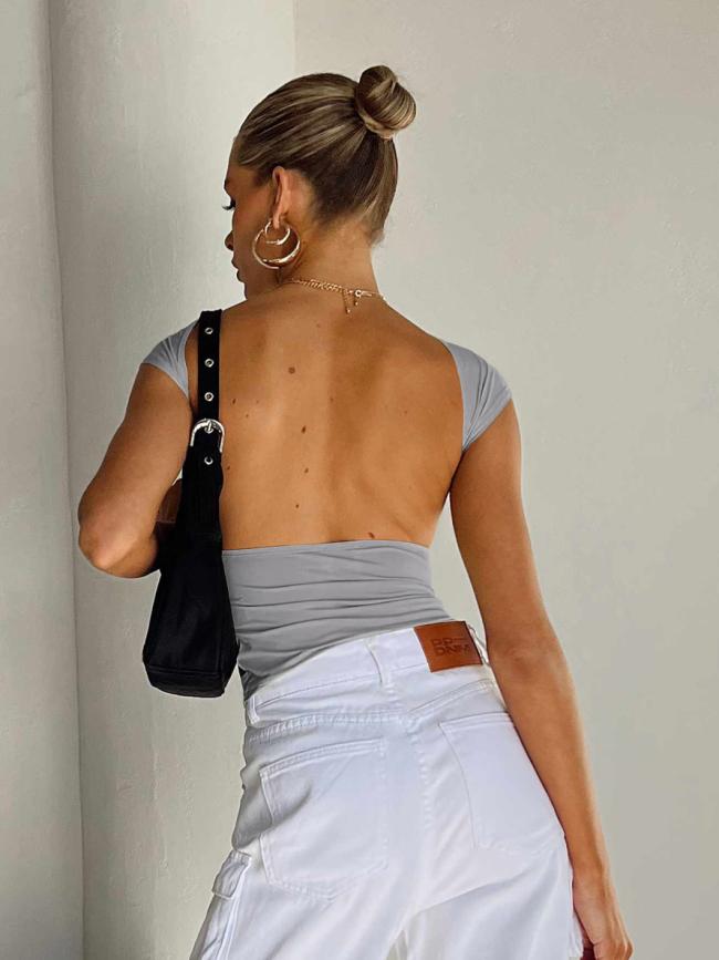 Women Sexy Backless Slim Fit Crewneck Casual Y2K Crop Tee T-Shirts