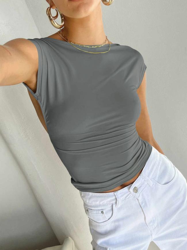 Women Sexy Backless Slim Fit Crewneck Casual Y2K Crop Tee T-Shirts