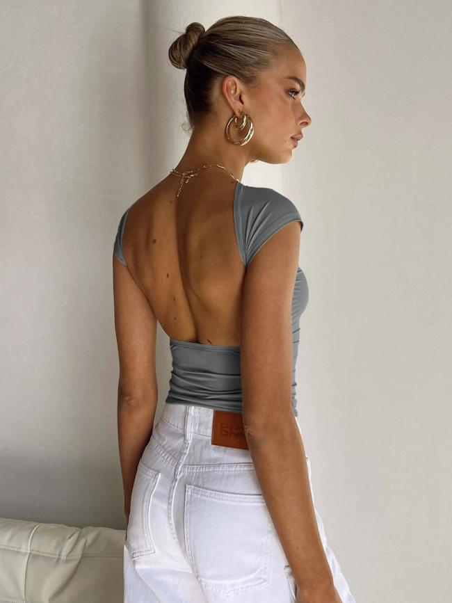 Women Sexy Backless Slim Fit Crewneck Casual Y2K Crop Tee T-Shirts