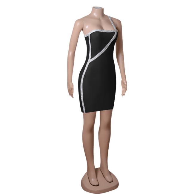 Knitted Bandage Dress with Oblique Shoulder Design Hip Dress Skirt