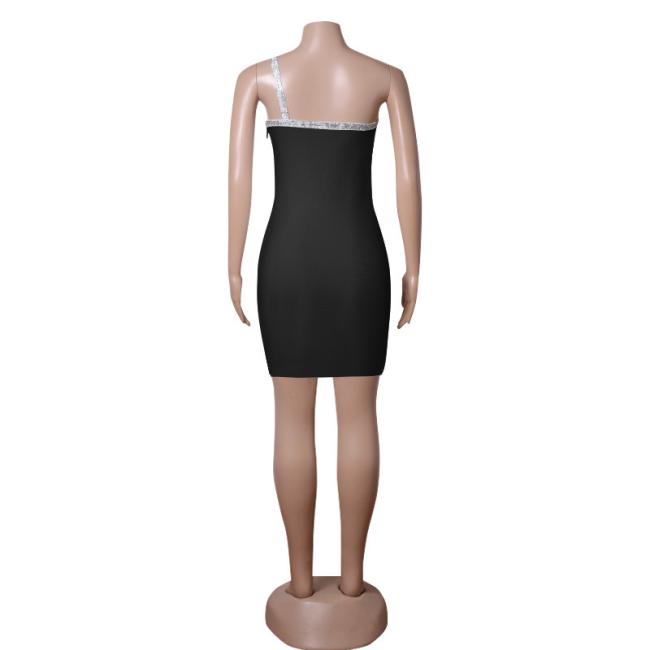 Knitted Bandage Dress with Oblique Shoulder Design Hip Dress Skirt