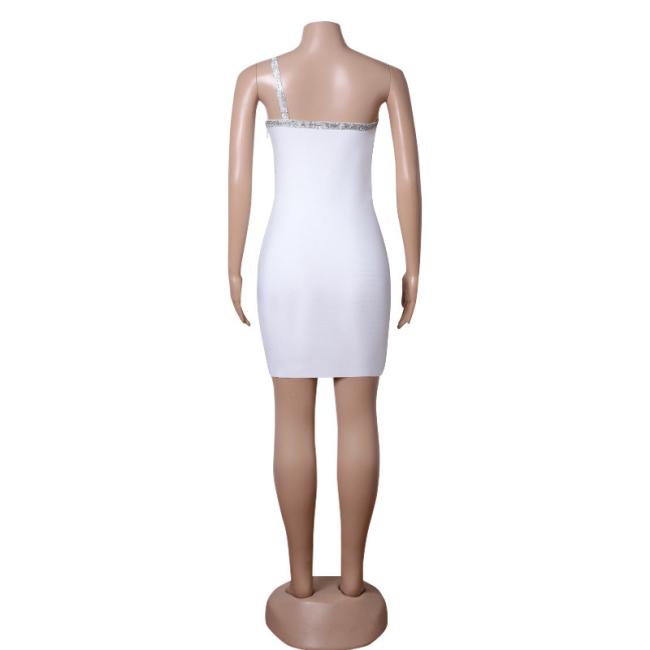 Knitted Bandage Dress with Oblique Shoulder Design Hip Dress Skirt