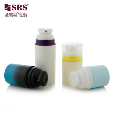 China PA603 Injection Custom Glossy Color Green White Purple Pink Round Airless Lotion Bottle With Snap On Pump for sale