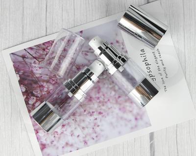 Cina A0230 bottiglia di plastica trasparente argento alluminio spalla cosmetica trasparente senza aria pompa in vendita