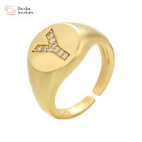 China 18k Gold Plated Adjustable Rhinestone Initial Ring Zircon Letter Ring for Women Men for sale