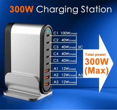 Cina Oem Plug 300W GaN III Caricabatterie USB C Blocco 8 porte LED USB C Stazione di ricarica Hub Blocco di caricabatterie a parete Power Strip in vendita