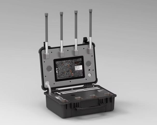 Anti-drone system side view showing ports and connectors