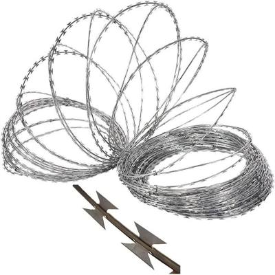 China Stainless Steel Galvanized BTO22 Single Loop Cross Concertina Flat Wrap Straight Barbed Razor Blade Wire 2.5mm 60g Mesh Fence for sale