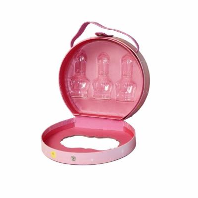 China Ronda rápida rosada de la caja del maquillaje del regalo de cumpleaños del cierre con la manija de la PU en venta