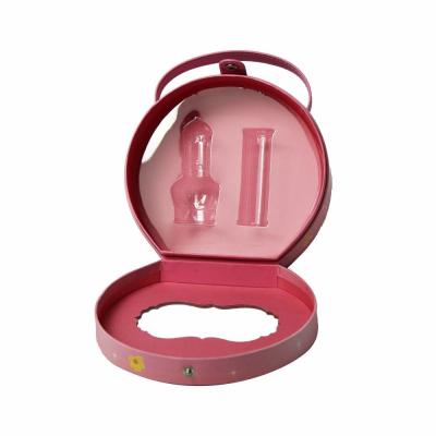 China Ronda rápida rosada de la caja del maquillaje del regalo de cumpleaños del cierre con la manija de la PU en venta
