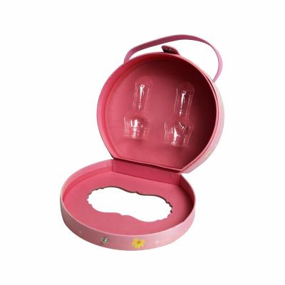 China Ronda rápida rosada de la caja del maquillaje del regalo de cumpleaños del cierre con la manija de la PU en venta