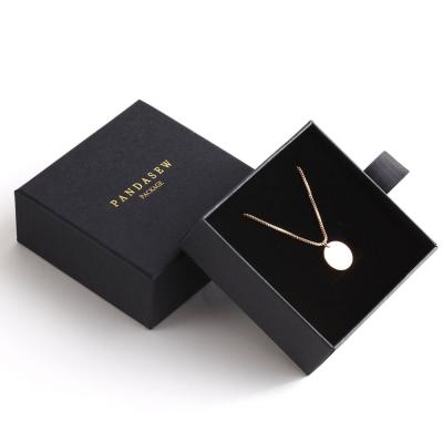 China Pull Out Black Cardboard Necklace Box With 1.5cm Thick Sponge for sale