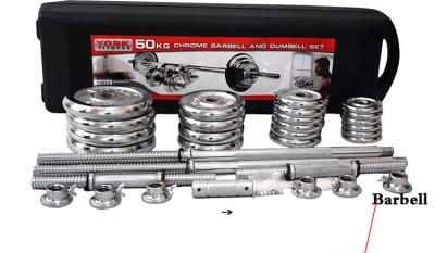 China sets 50kg cast iron chromed   weight lifting  dumbbell  barbell with boxes for sale