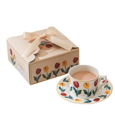 China Mother's Day Gift Hand-drawn Tulip Coffee Cup and Plate Set with High Aesthetic Value for sale