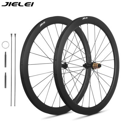 China JIELEI High Quality 700c Carbon Fibre Bicycle Wheelset 46mm 24 Holes Four Claw Clincher Disc Brake Tubeless Road Bike Wheels for sale