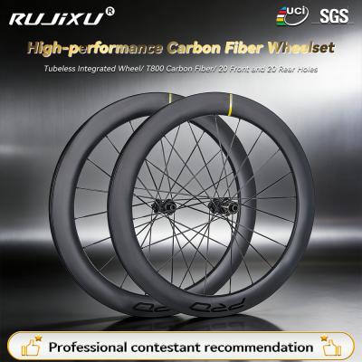 China RUJIXU Road Bike T800 Carbon Fiber 60mm Height Disc Brake 20H 700C 3.7mm Spoke 36T Ratchet Deep Clincher/TUBELESS Tire Bicycle for sale