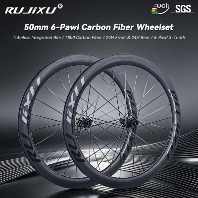 China RUJIXU 700C 50mm Carbon Fiber Road Bike Wheelset with Disc Brake Thru Axle Hub Carbon Fiber hub Tubeless Compatible for Road Bicycles for sale